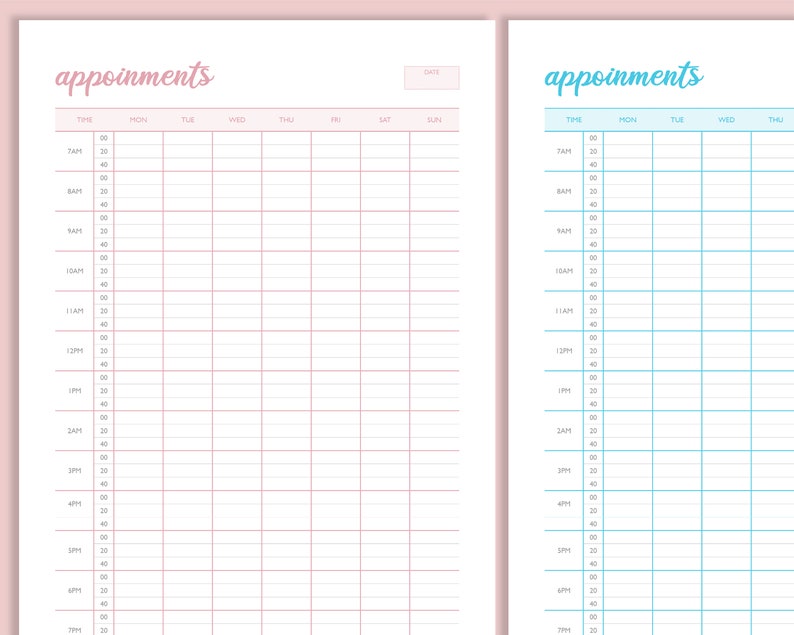 Appointment Sheet, 20 Minute Planner, Appointment Planner, Appointment ...
