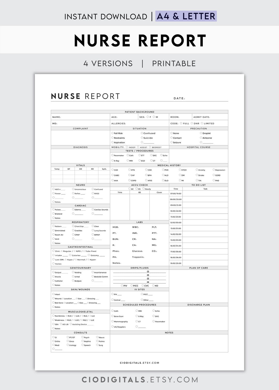 Nurse Report Sheet for Patient Handoff Medical Note Chart Hospital Log ...