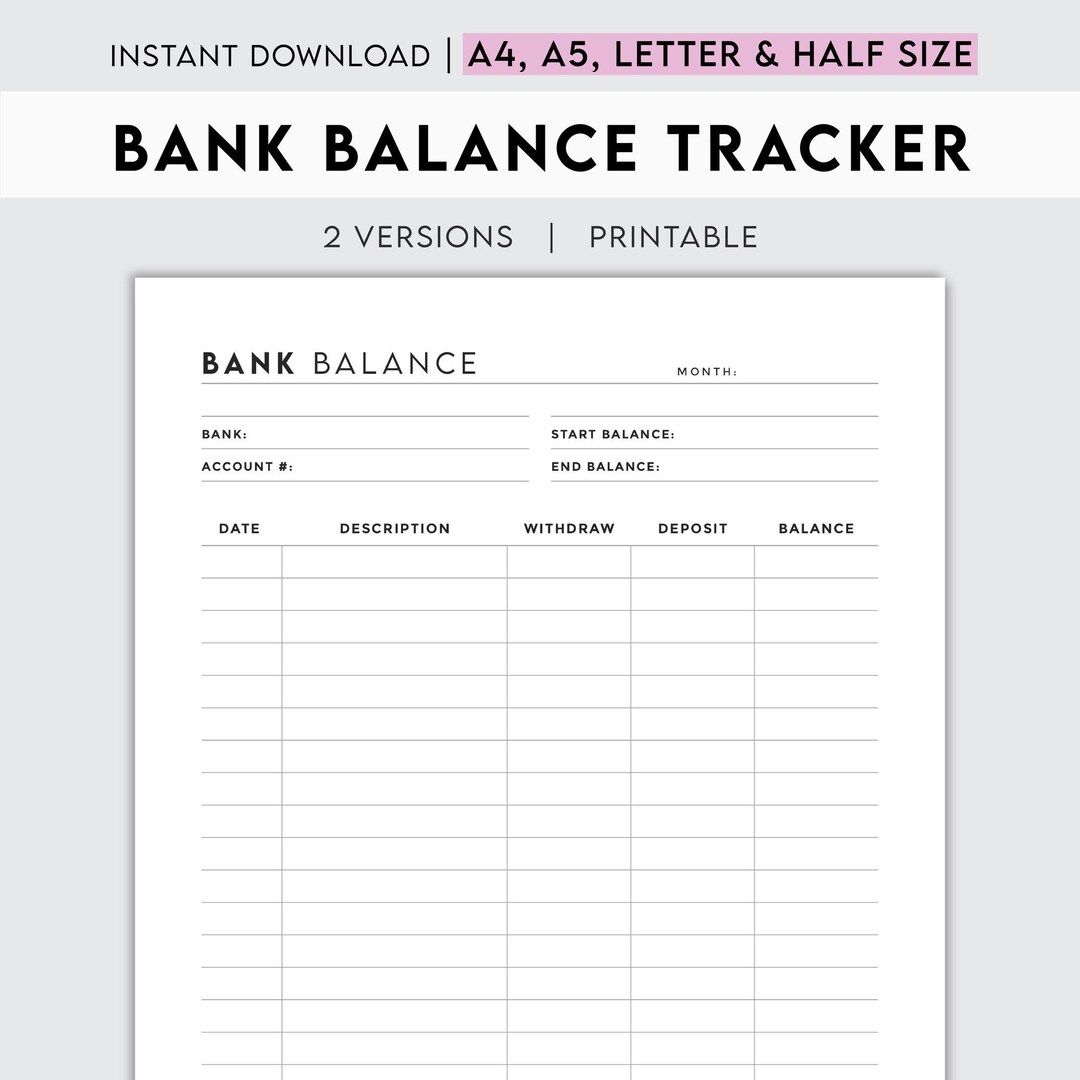 Bank Balance Tracker Printable Template - Financial Tracker, Budget ...