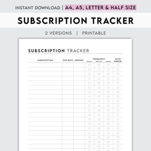 Printable Subscription Tracker | Service & Membership Log | Payment ...