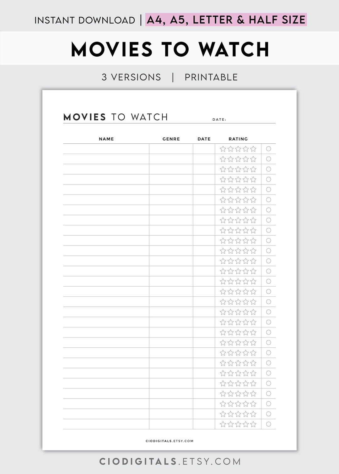 Movie Watchlist Planner | Film Tracker & Genre Catalog for Organized ...