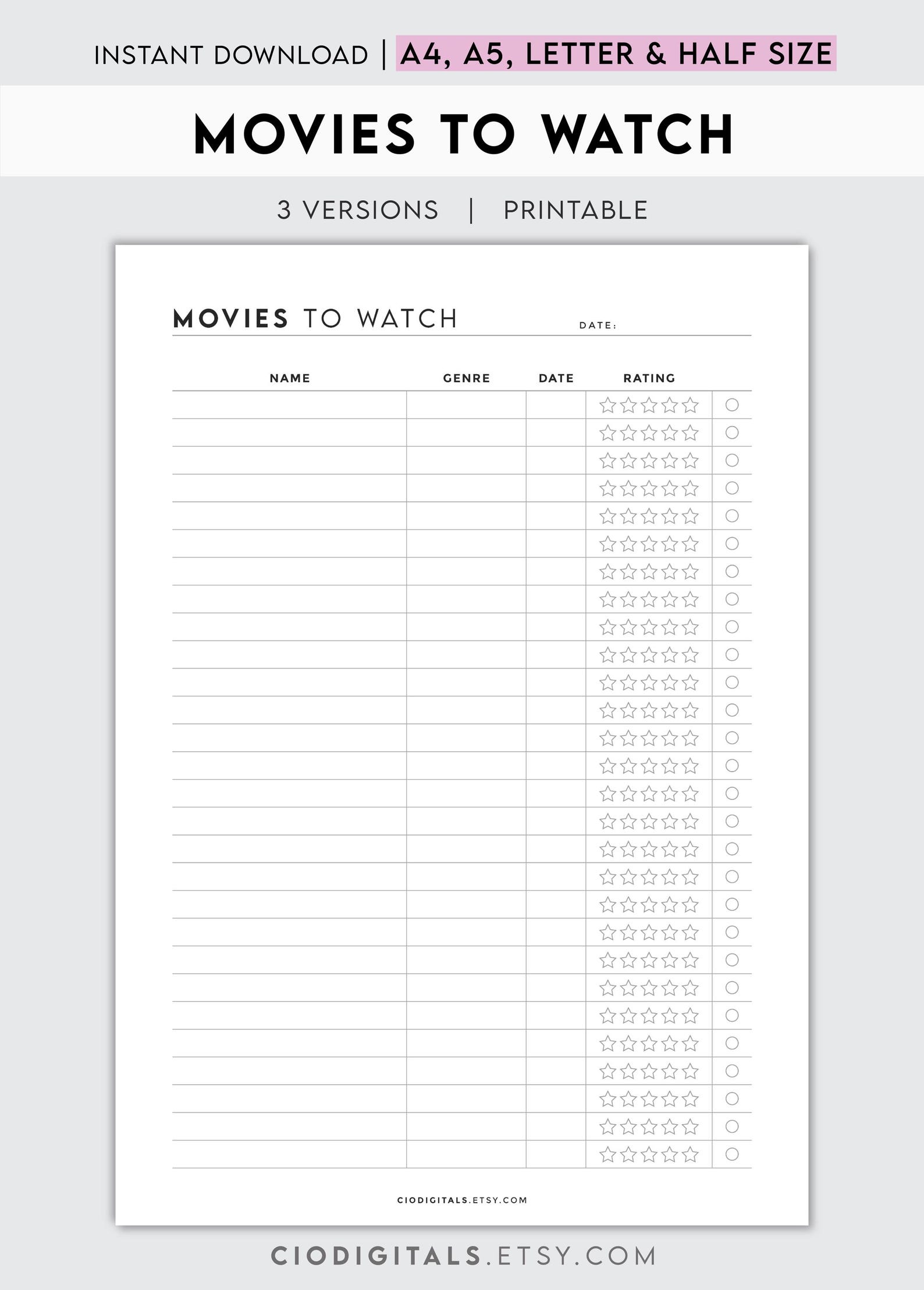 Movie Watchlist Planner | Film Tracker & Genre Catalog for Organized ...
