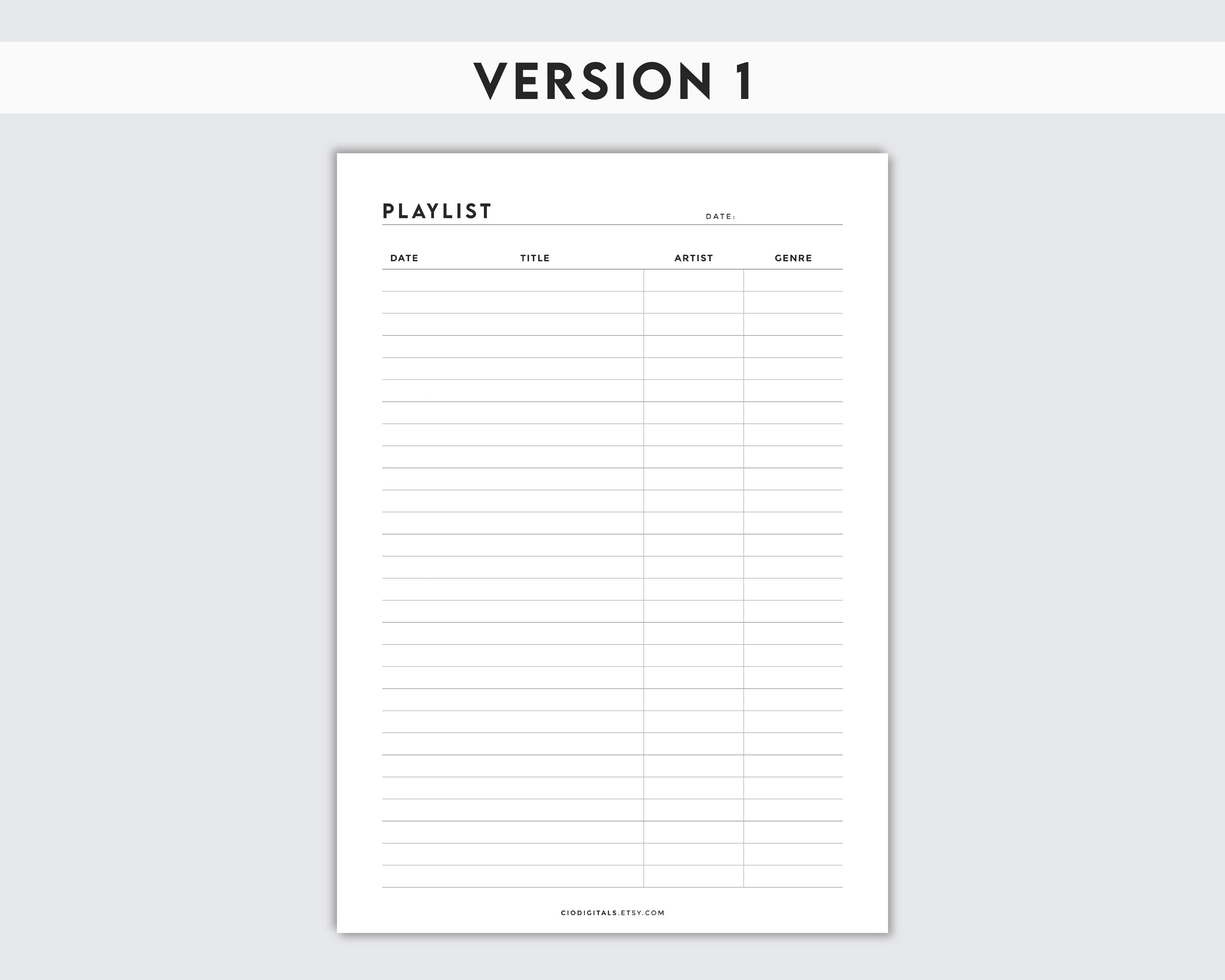 Music Playlist Planner | Customizable Song Tracker & Artist Catalog for ...