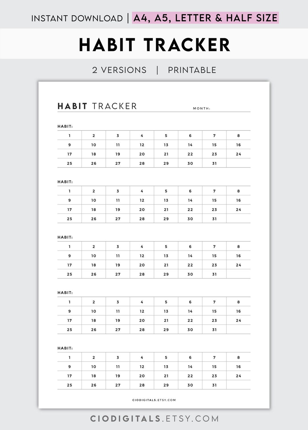Monthly Habit Tracker Printable | Goal Progress Productivity Organizer ...