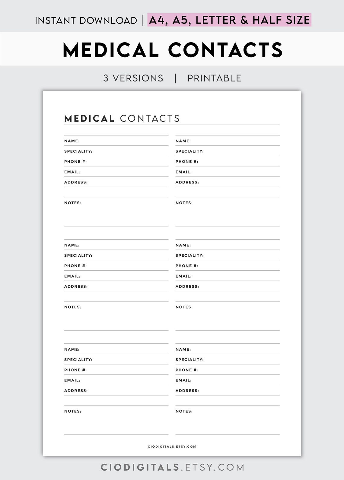 Medical Contacts Tracker | Printable Health Organizer & Doctor ...