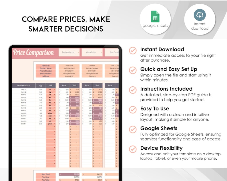 Price Comparison Template - Editable Google Sheets Tool, Competitive ...