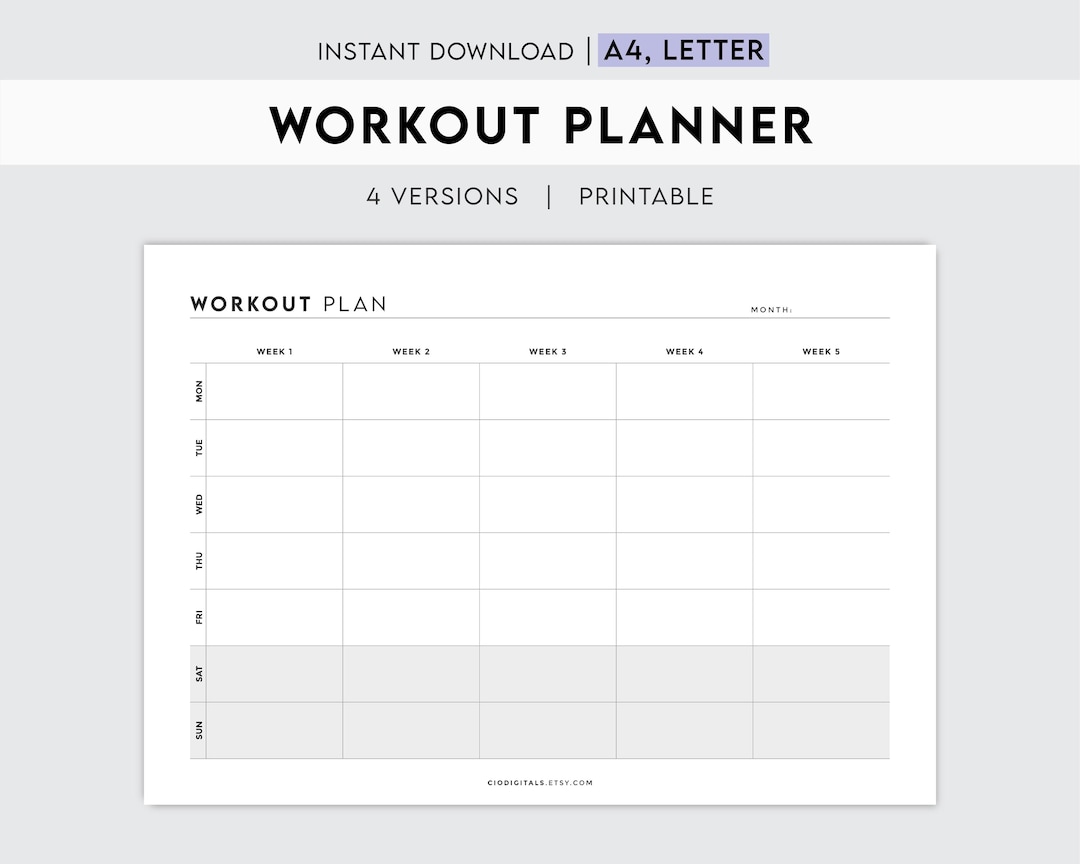 Workout Plan Printable Monthly Fitness Schedule Exercise Tracker Gym ...