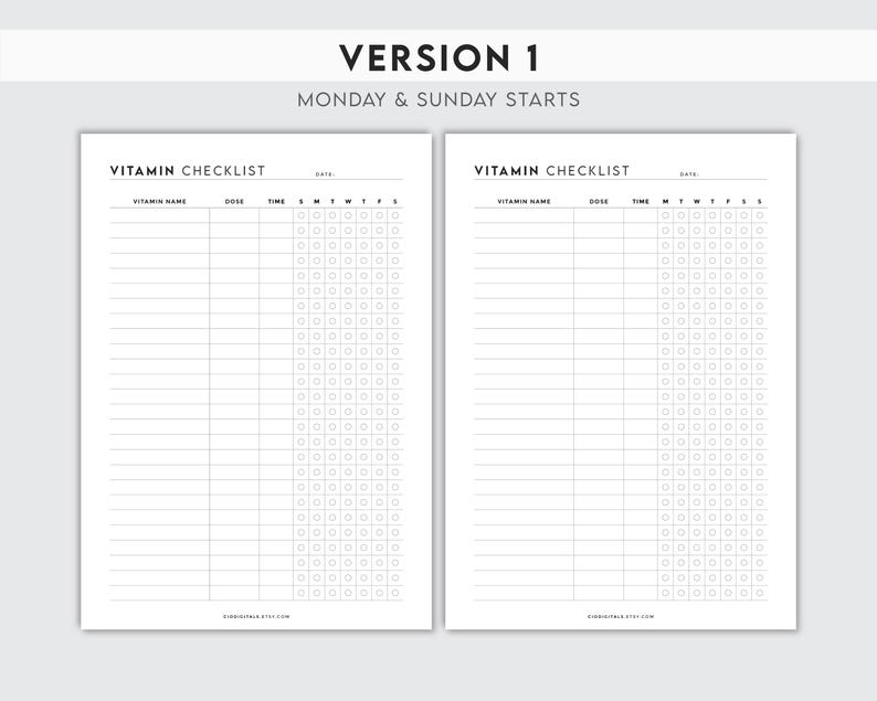 Vitamin Checklist | Printable Supplement Tracker & Health Planner for ...