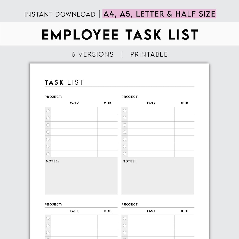 Employee Task List Printable, Work Flow Organizer, Job Duty Chart, Team ...