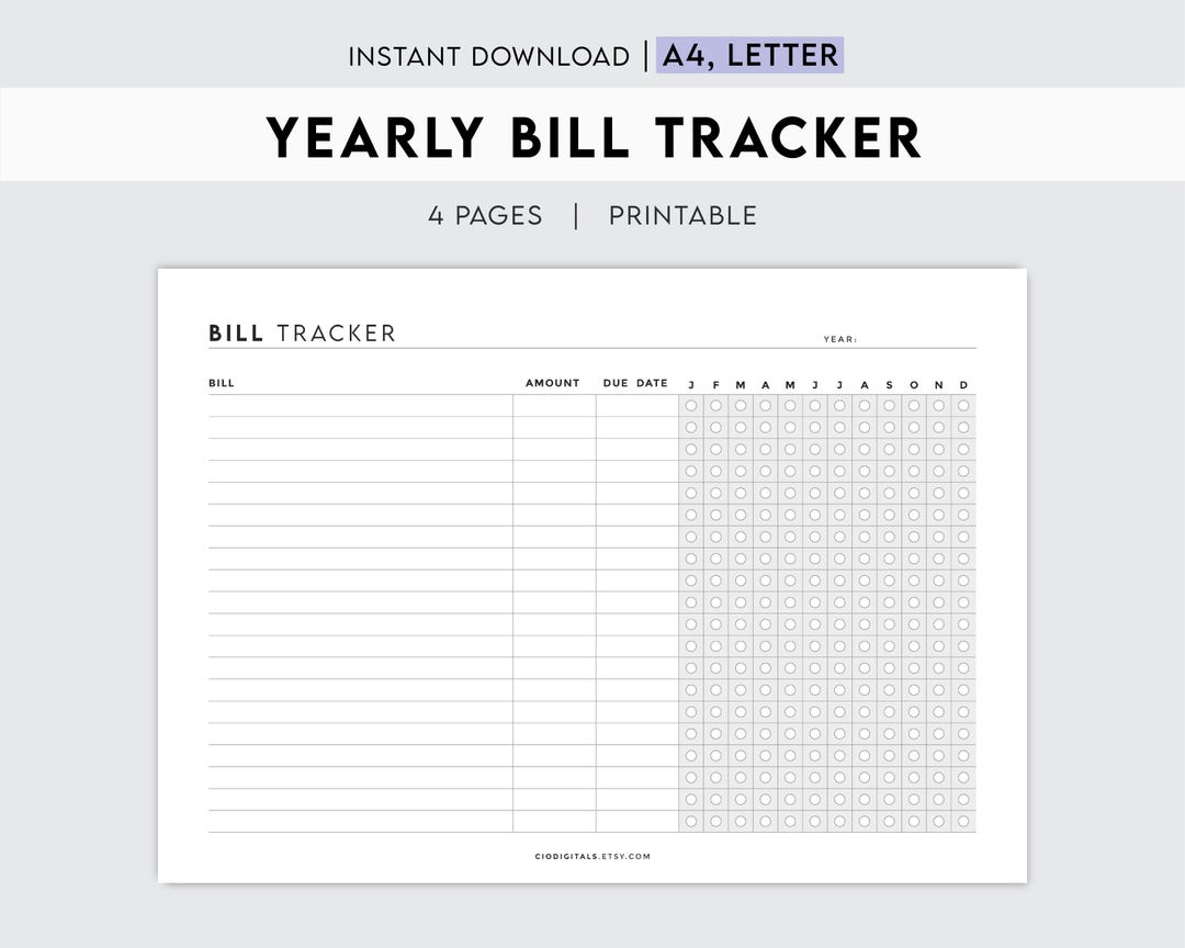 Yearly Bill Tracker | Printable Budget Planner (A4, Letter) - Etsy