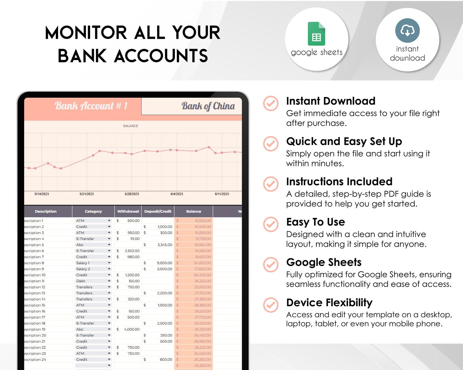 Bank Account Tracker Google Sheets, Digital Bank Ledger, Personal ...