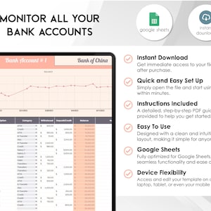 Bank Account Tracker Google Sheets, Digital Bank Ledger, Personal ...