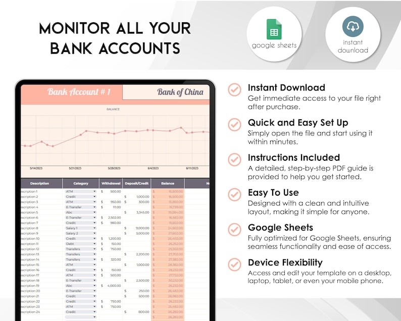 Bank Account Tracker Google Sheets, Digital Bank Ledger, Personal ...