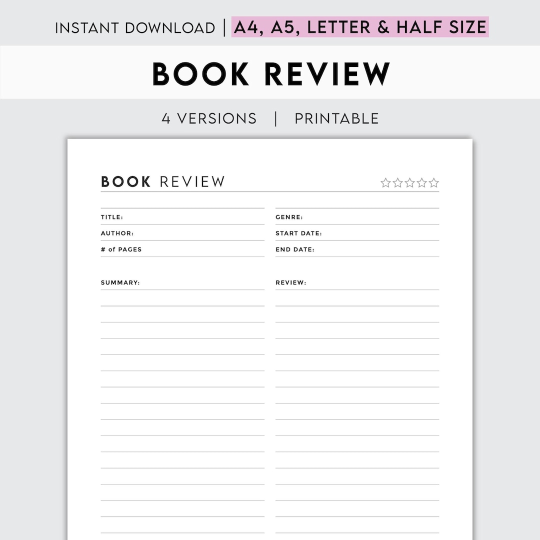 Book Review Template Reading Journal Literary Notes Review Organizer ...