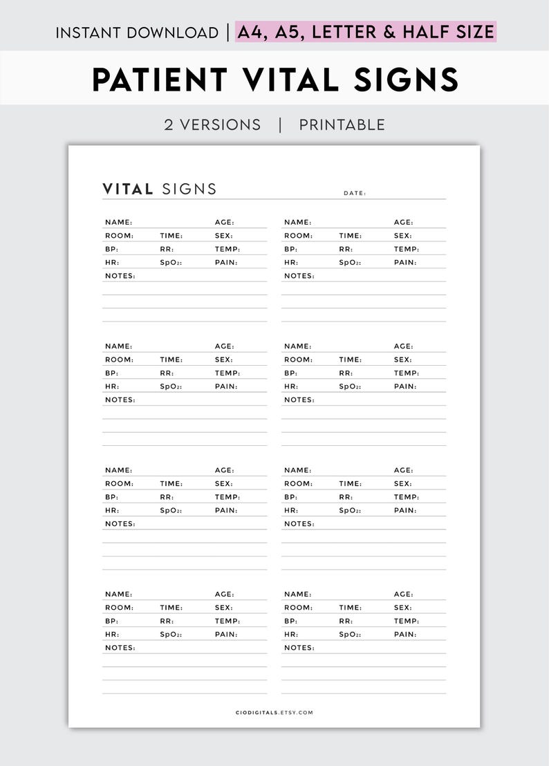 Vital Signs Chart Patient Log Form Nurse Notes Medical Check Sheet Pain ...