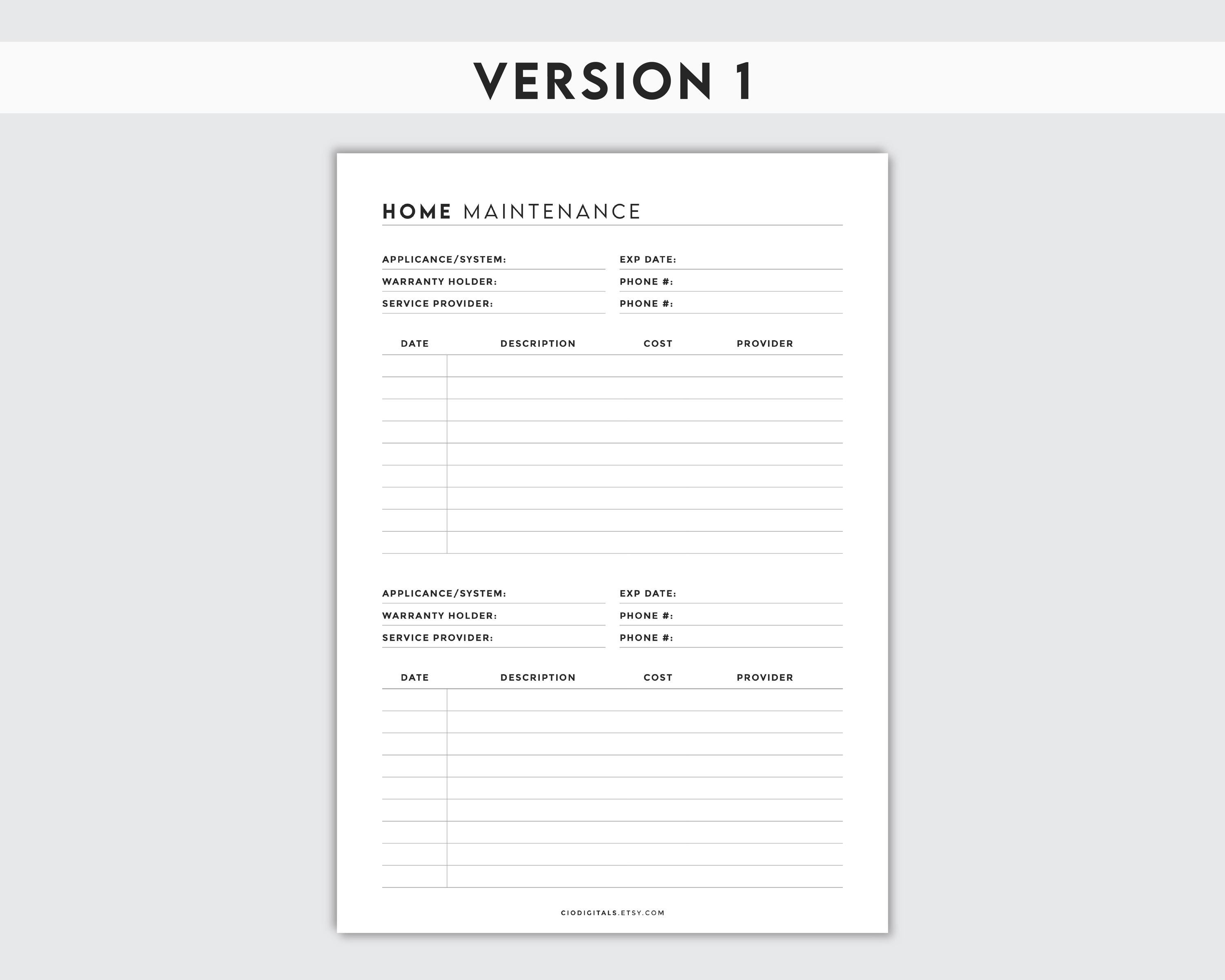 Home Maintenance Tracker Printable | 2 Versions Warranty Log & Service ...