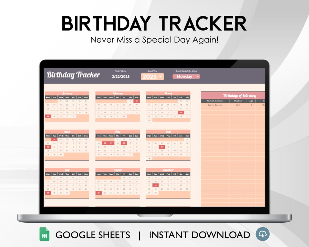 Birthday Tracker Spreadsheet | Gift & Reminder Log | Special Dates ...