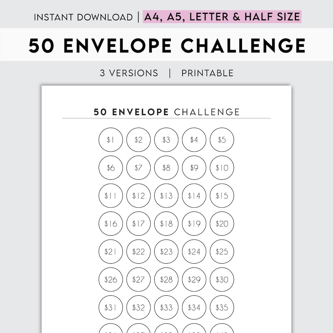 50 Envelope Challenge Printable Template - Savings Tracker & Budget ...