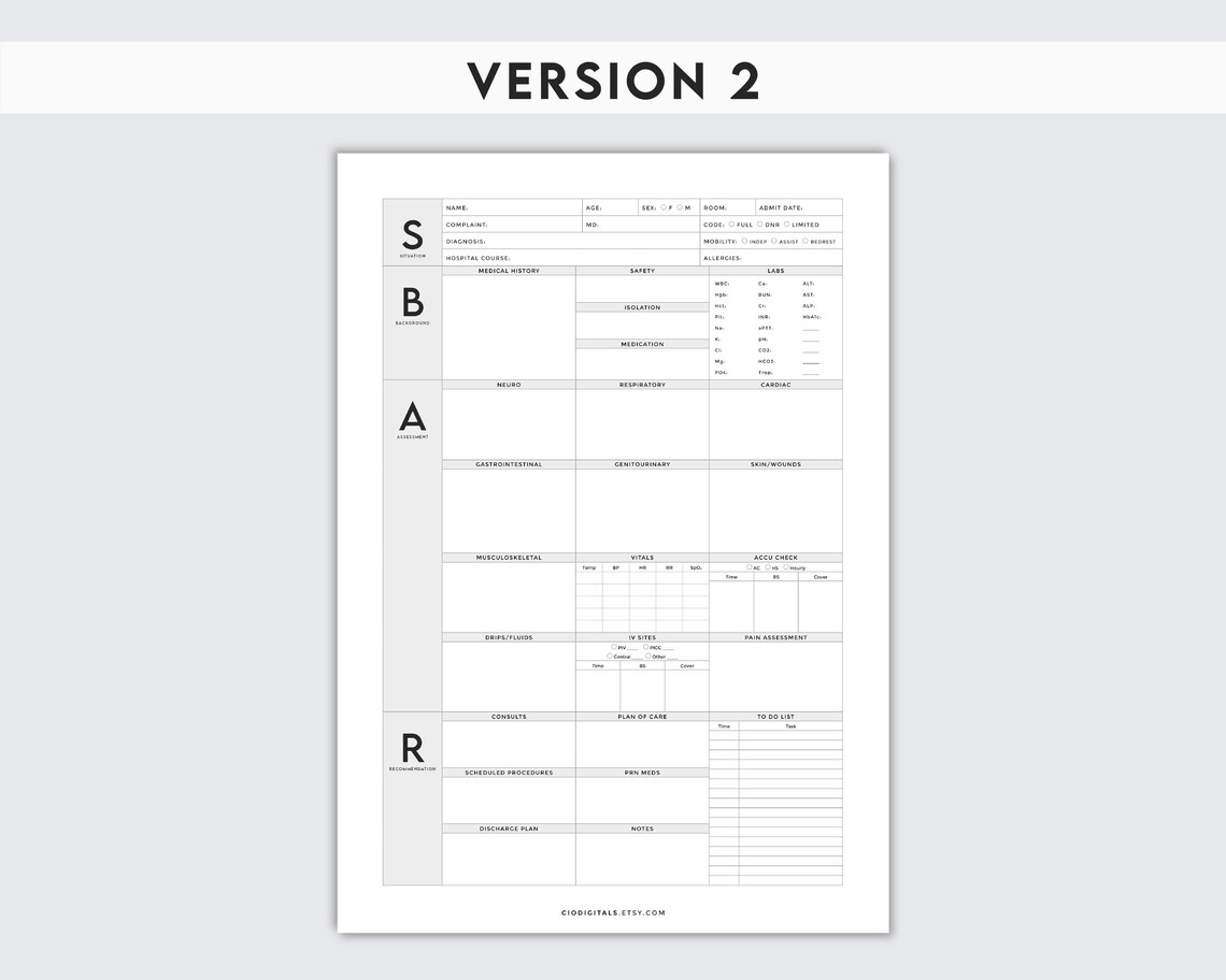 SBAR Nurse Report Template, Patient Handoff Sheet (digital Download) - Etsy