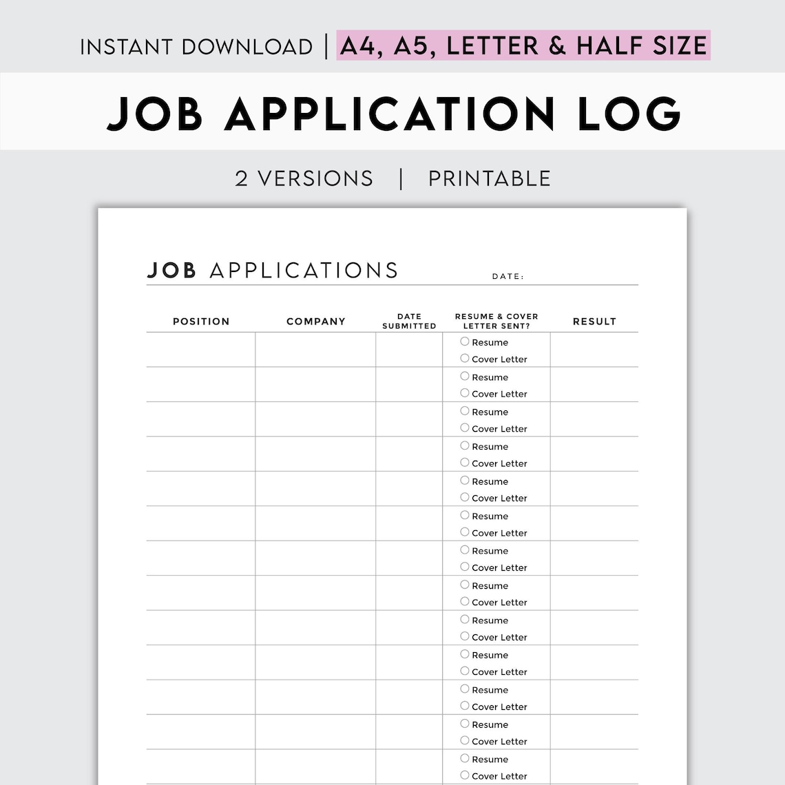 Job Application Tracker Printable | Resume, Cover Letter Log (digital ...