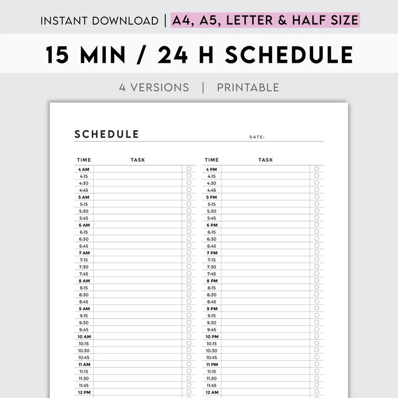 Printable 24 Hour Daily Schedule – Task Organizer (A4, A5, Letter) - Etsy