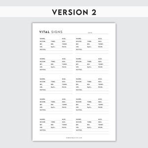 Vital Signs Chart Patient Log Form Nurse Notes Medical Check Sheet Pain ...