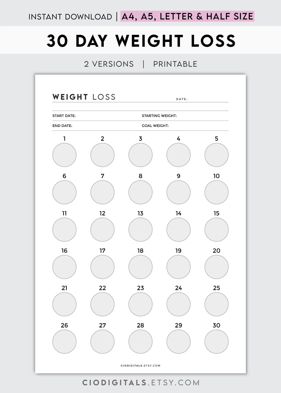 30 Day Weight Loss Tracker | Printable Fitness Journal Diet Planner for ...