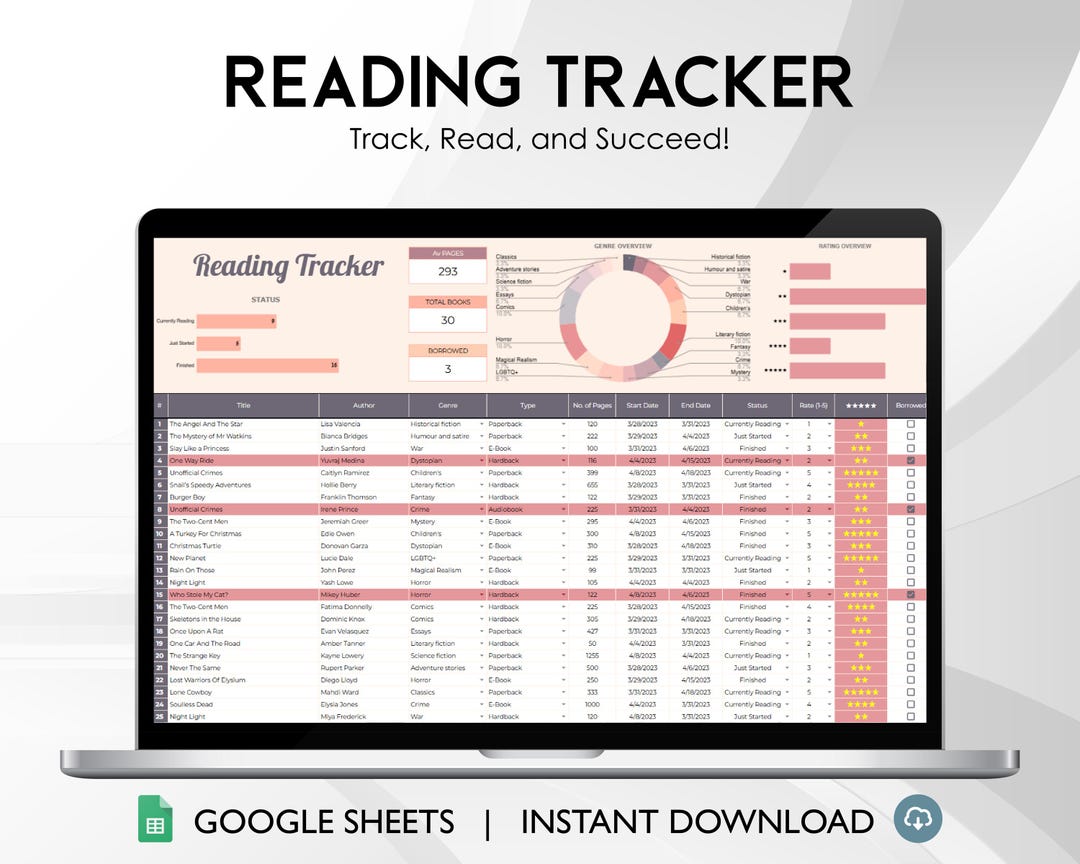 Reading Tracker Spreadsheet | Book Log | Reading Goal Planner - Etsy