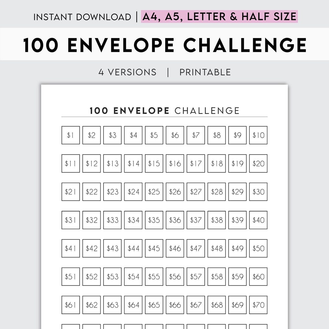 100 Envelope Challenge Printable Savings Tracker - Budget Planner ...