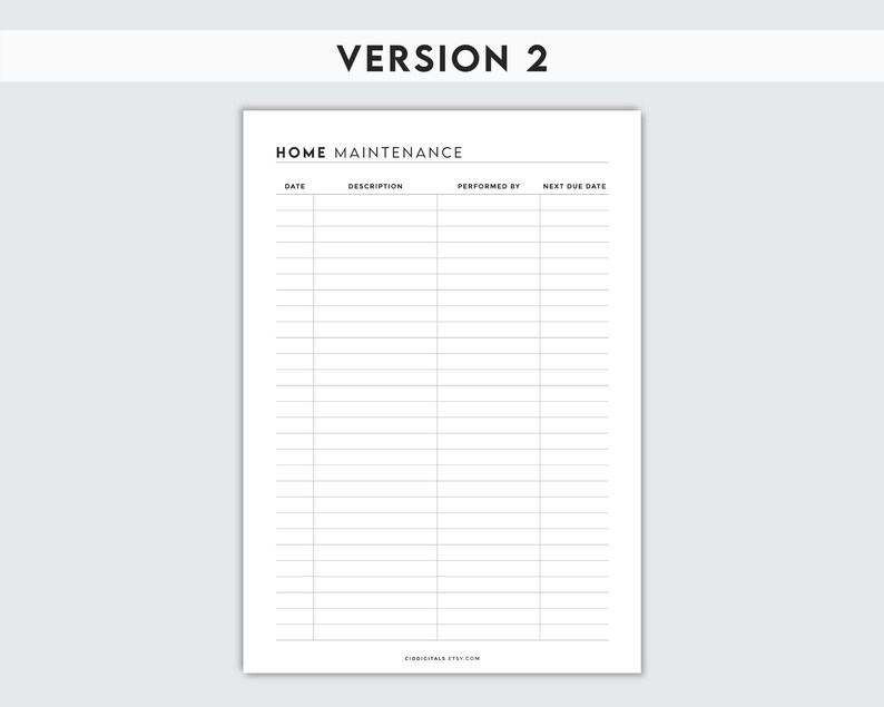Home Maintenance Tracker Printable | 2 Versions Warranty Log & Service ...