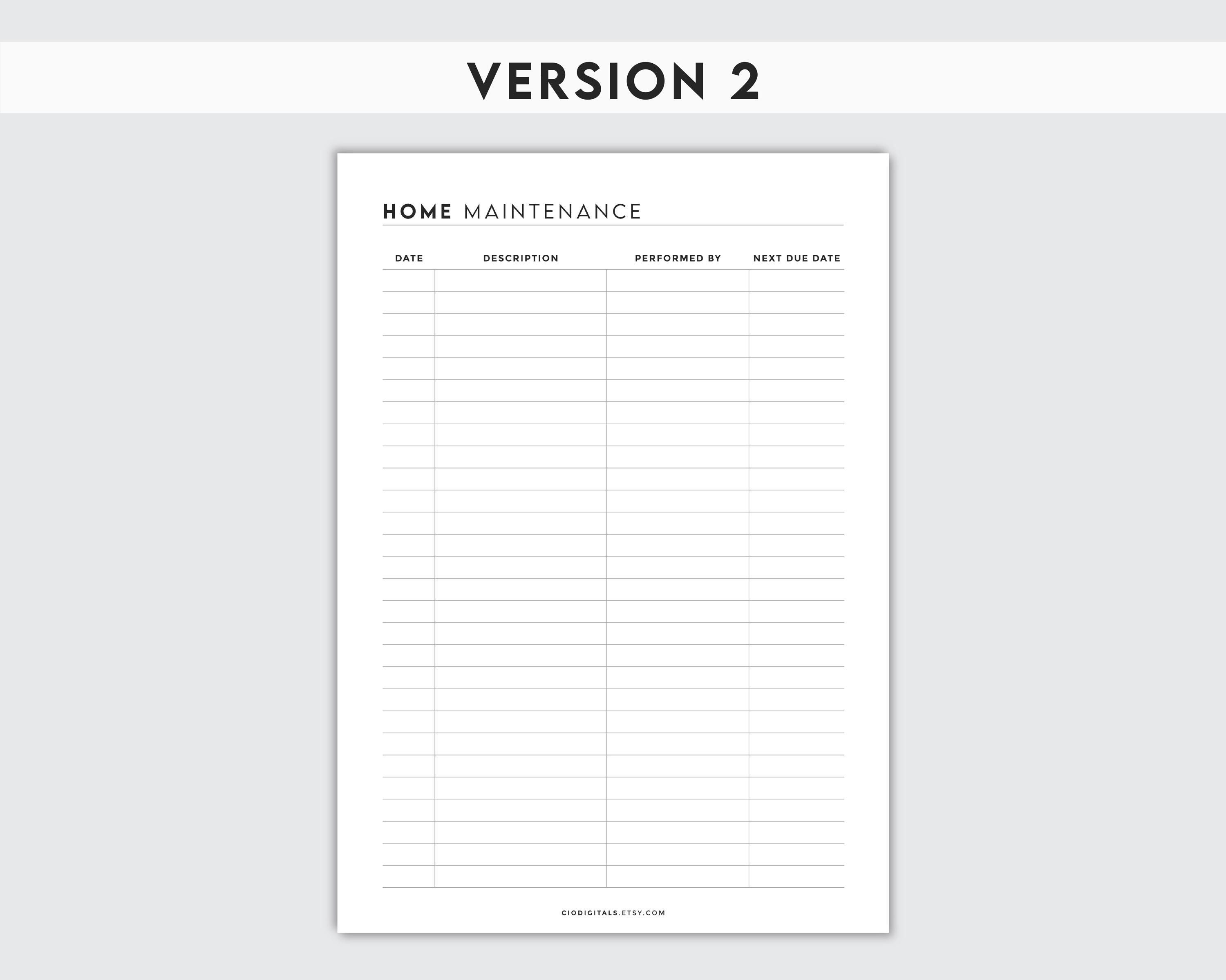 Home Maintenance Tracker Printable | 2 Versions Warranty Log & Service ...