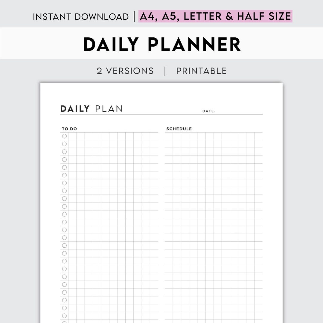 Grid Daily Planner Printable Template - Task Organizer, Schedule for A4 ...