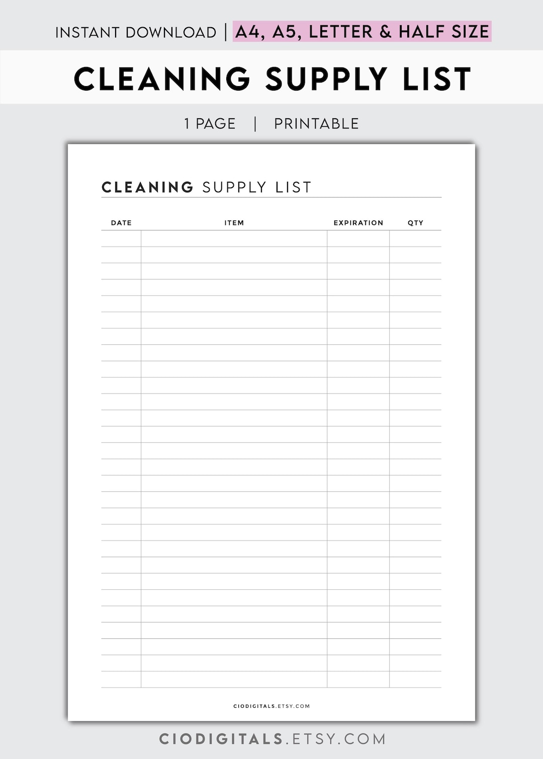 Cleaning Supply List Printable | Home Inventory & Expiration Tracker ...