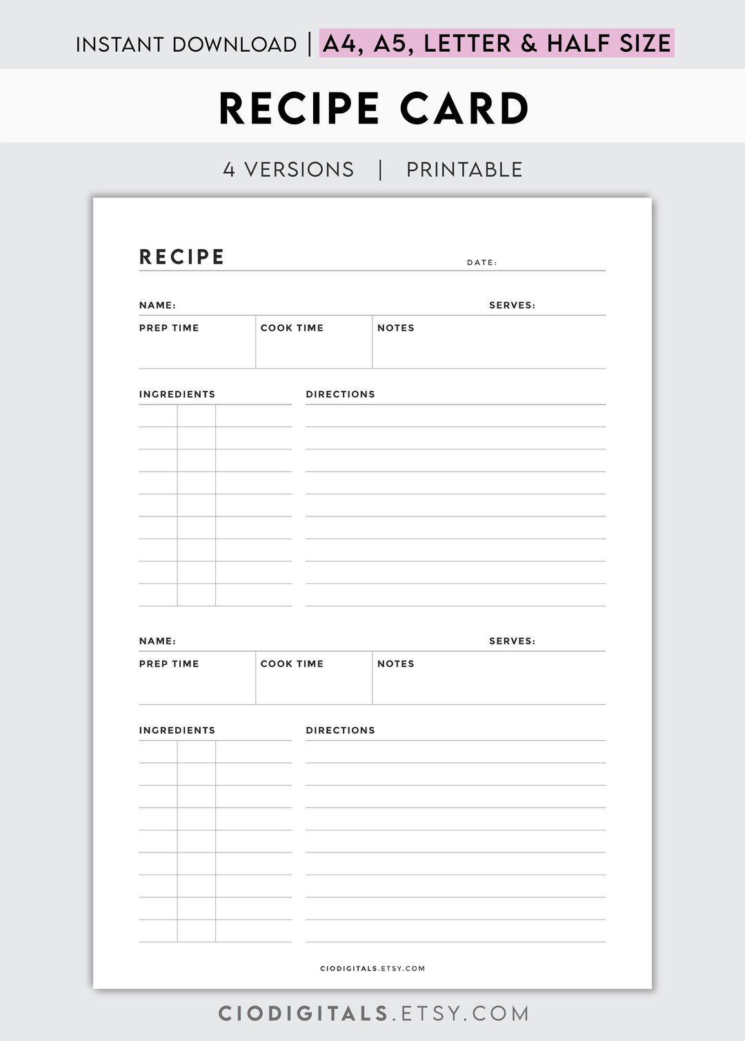 Printable Recipe Card Organizer | 4 Versions for Meal Planning, Cooking ...