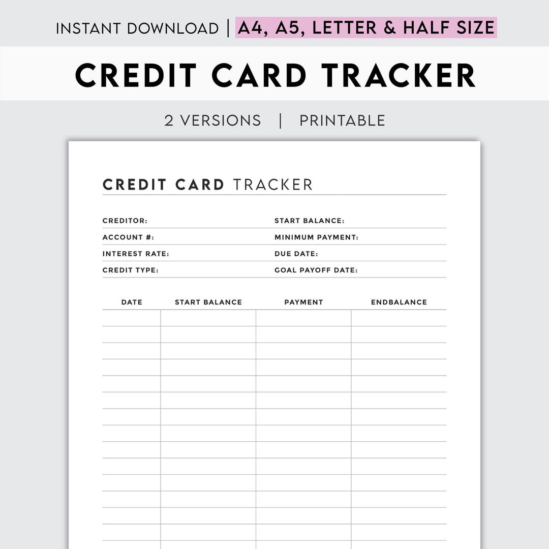 Printable Credit Card Tracker | Debt Planner Finance Sheet | Payment ...