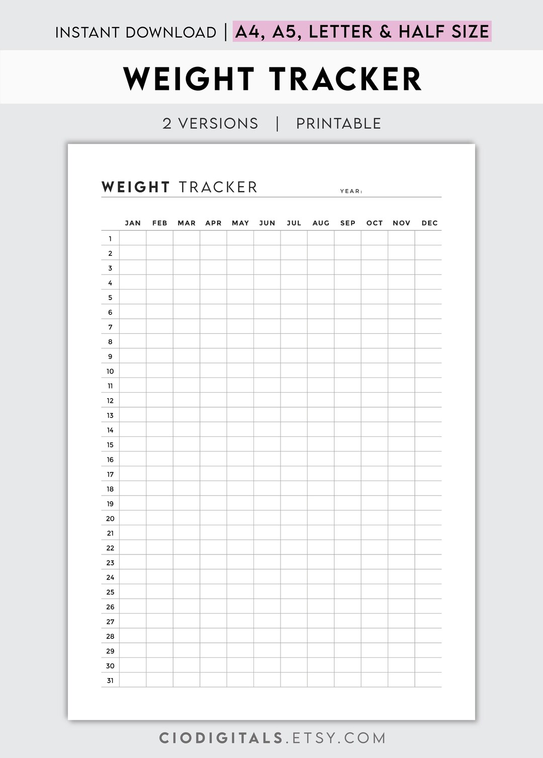Printable Weight Tracker, Yearly Progress Chart (digital Download) - Etsy
