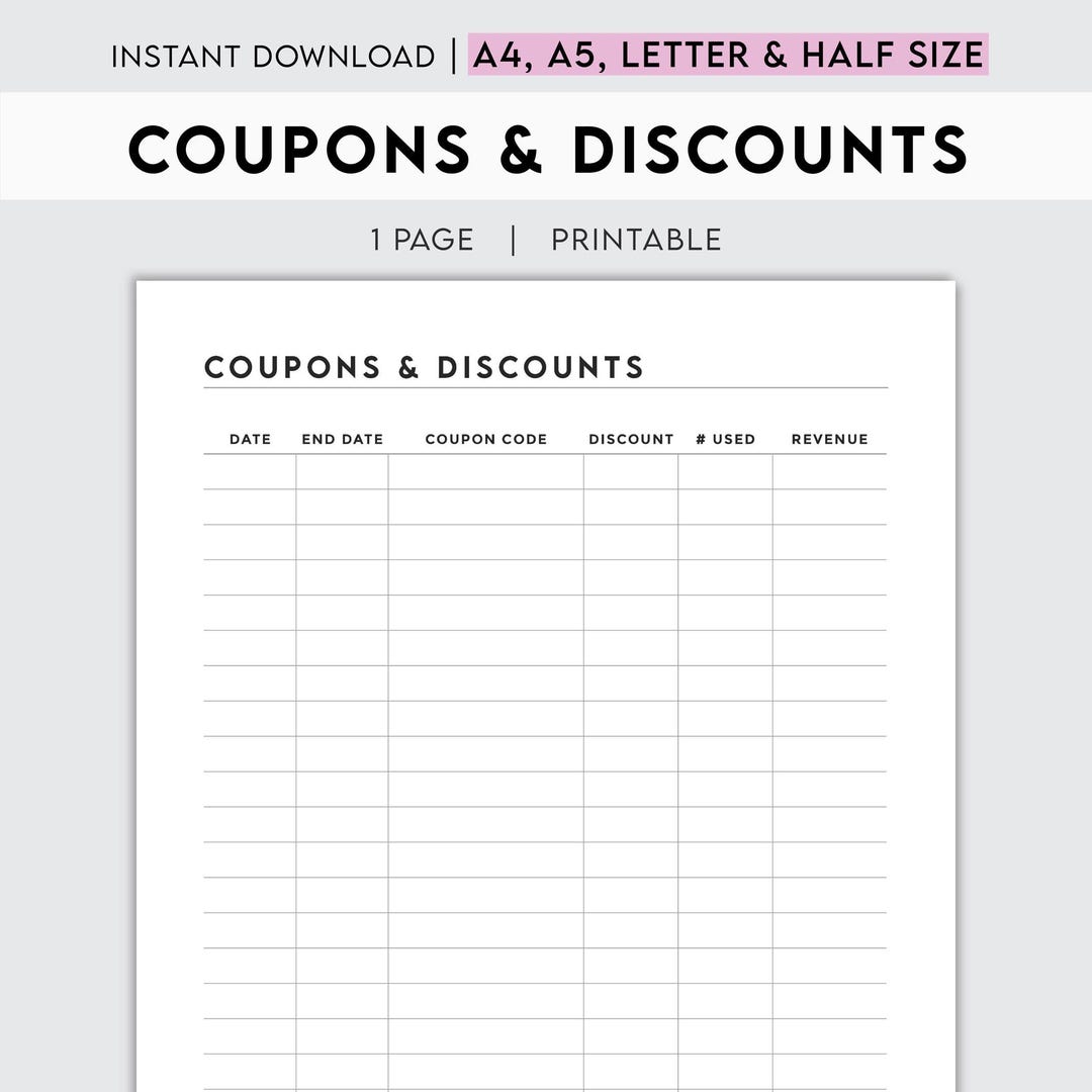 Coupons & Discounts Tracker | Savings Sheet | Deal Log | Promo Code ...