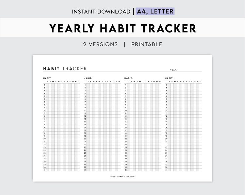 Yearly Habit Tracker Printable, Goal Planner (A4, Letter) (digital ...