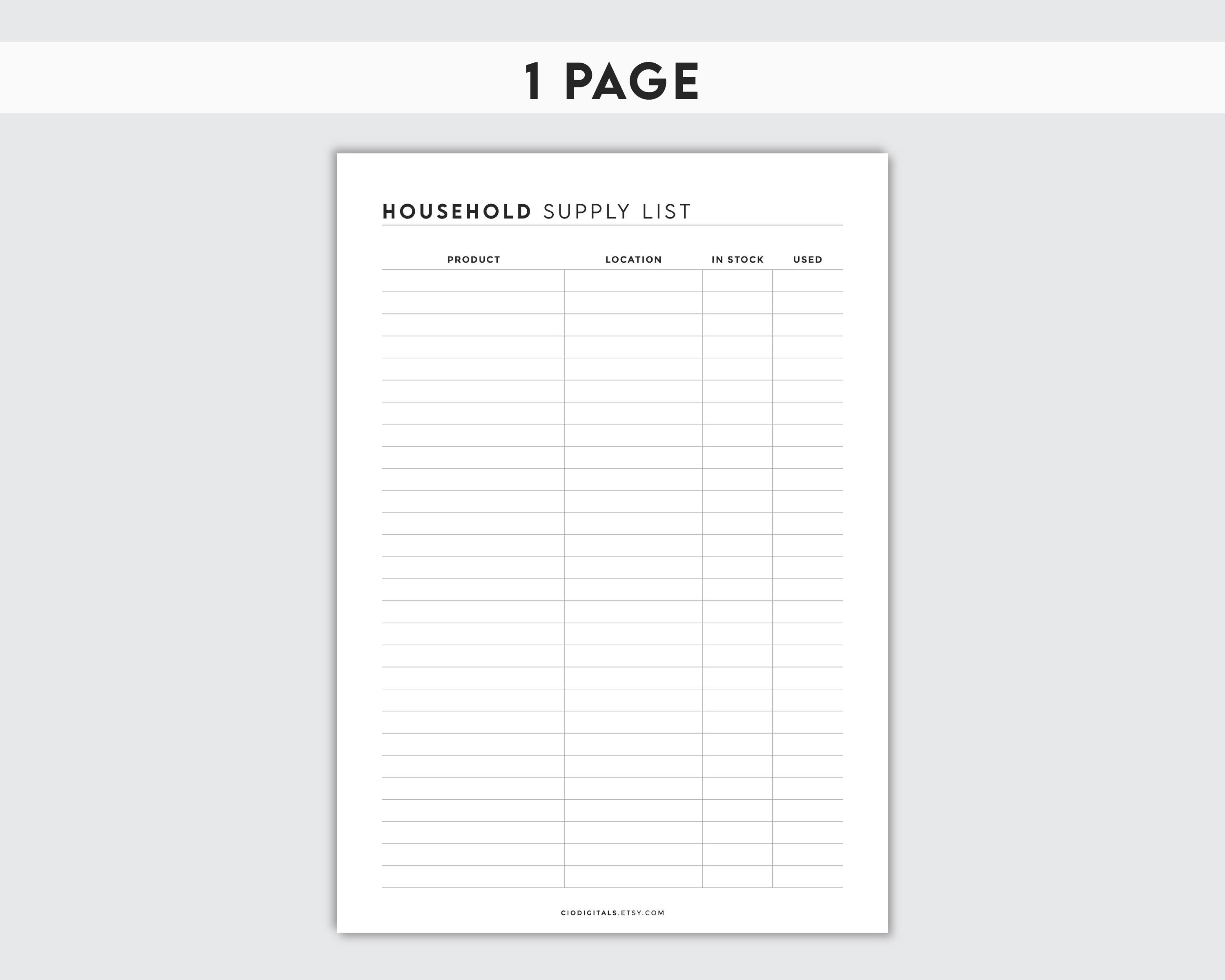Household Supply List Printable | Inventory Tracker & Stock Management ...