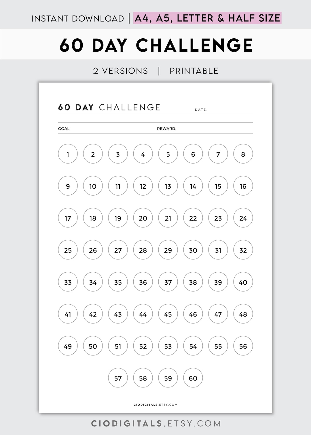 60 Day Challenge Printable | Goal Tracker (digital Download) - Etsy