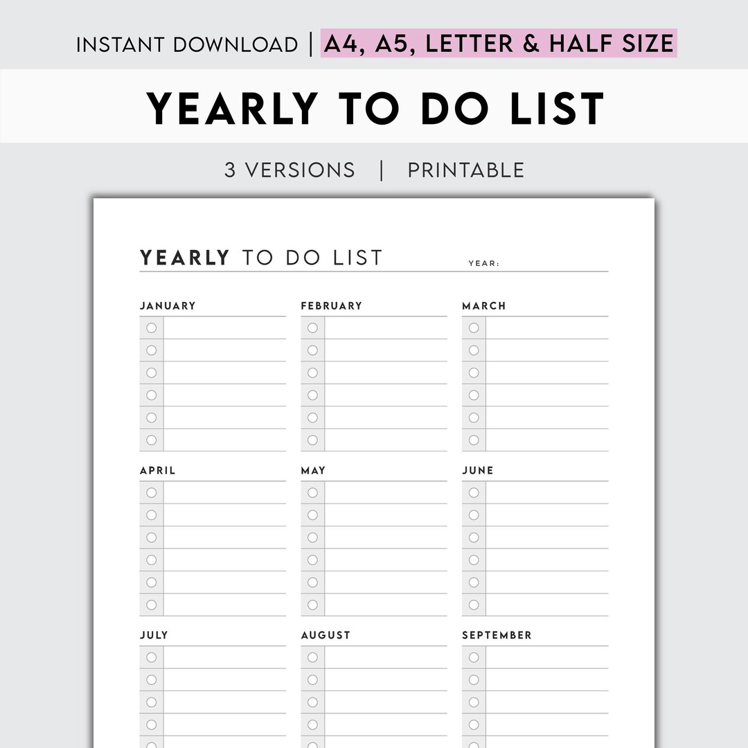 Yearly To-do List Printable, Goal Tracker (3 Versions, A4/a5/letter) - Etsy