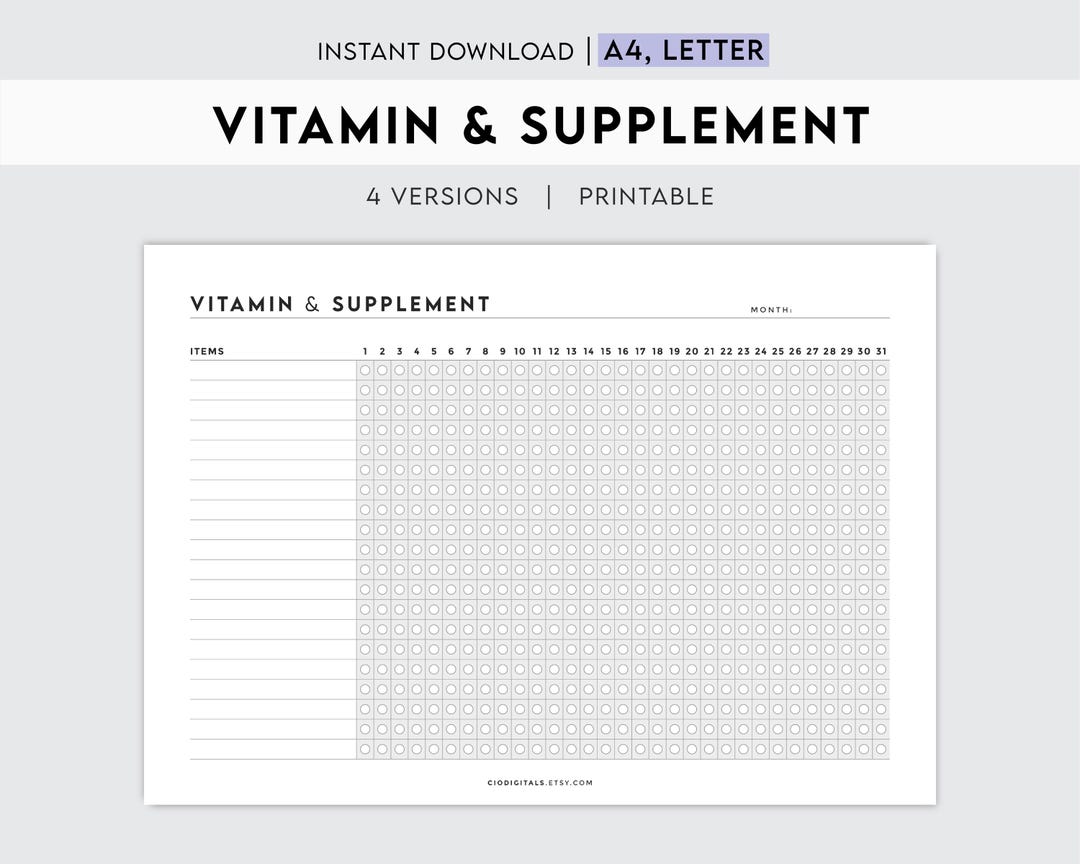 Vitamin & Supplement Tracker Printable Health Organizer Nutrient ...