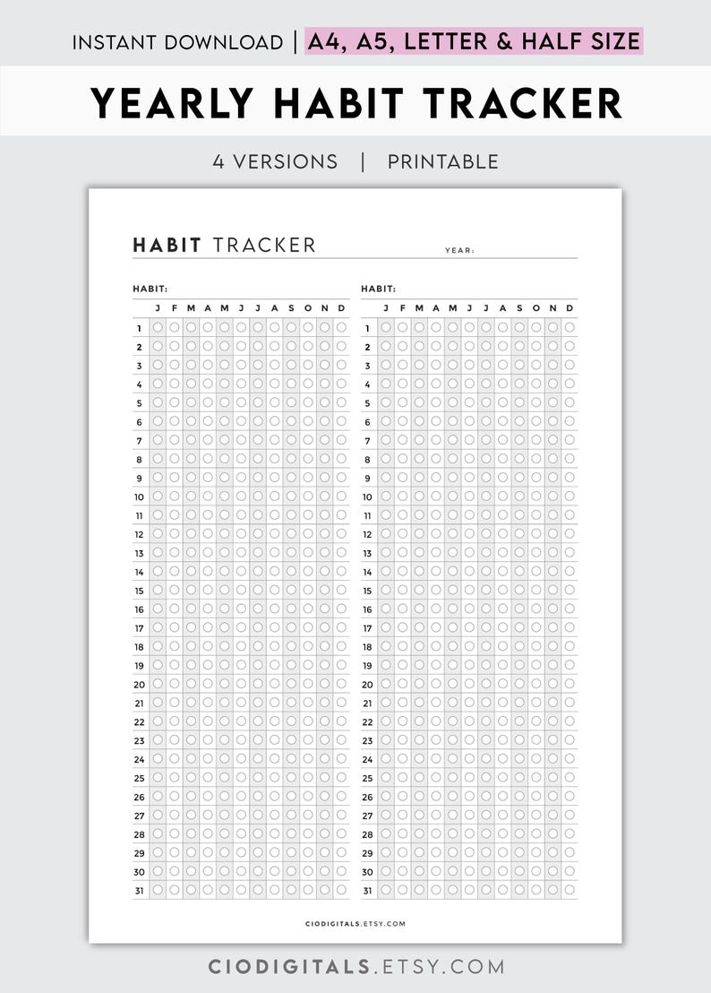 Yearly Habit Tracker Printable | Goal Progress & Productivity Planner ...
