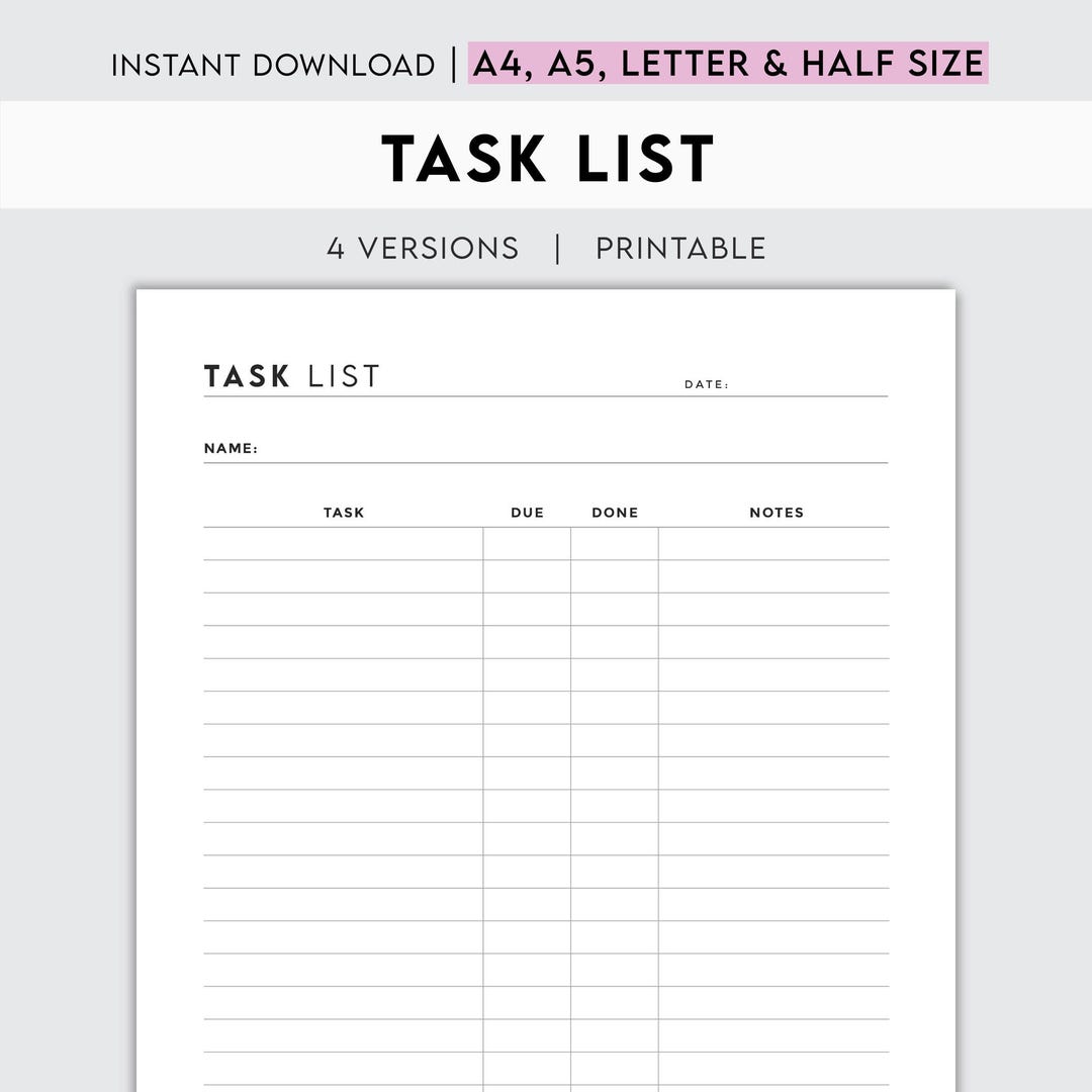 Task List Printable, Daily Tasks Organizer, Work List Planner, Job ...