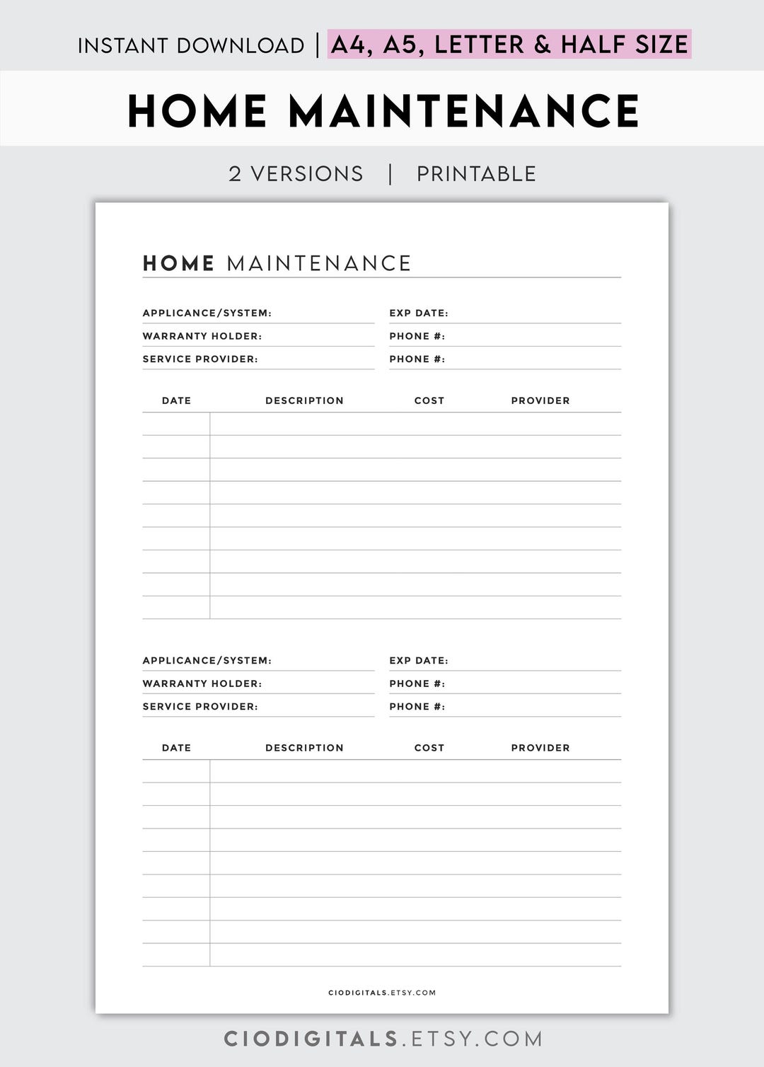 Home Maintenance Tracker Printable | 2 Versions Warranty Log & Service ...