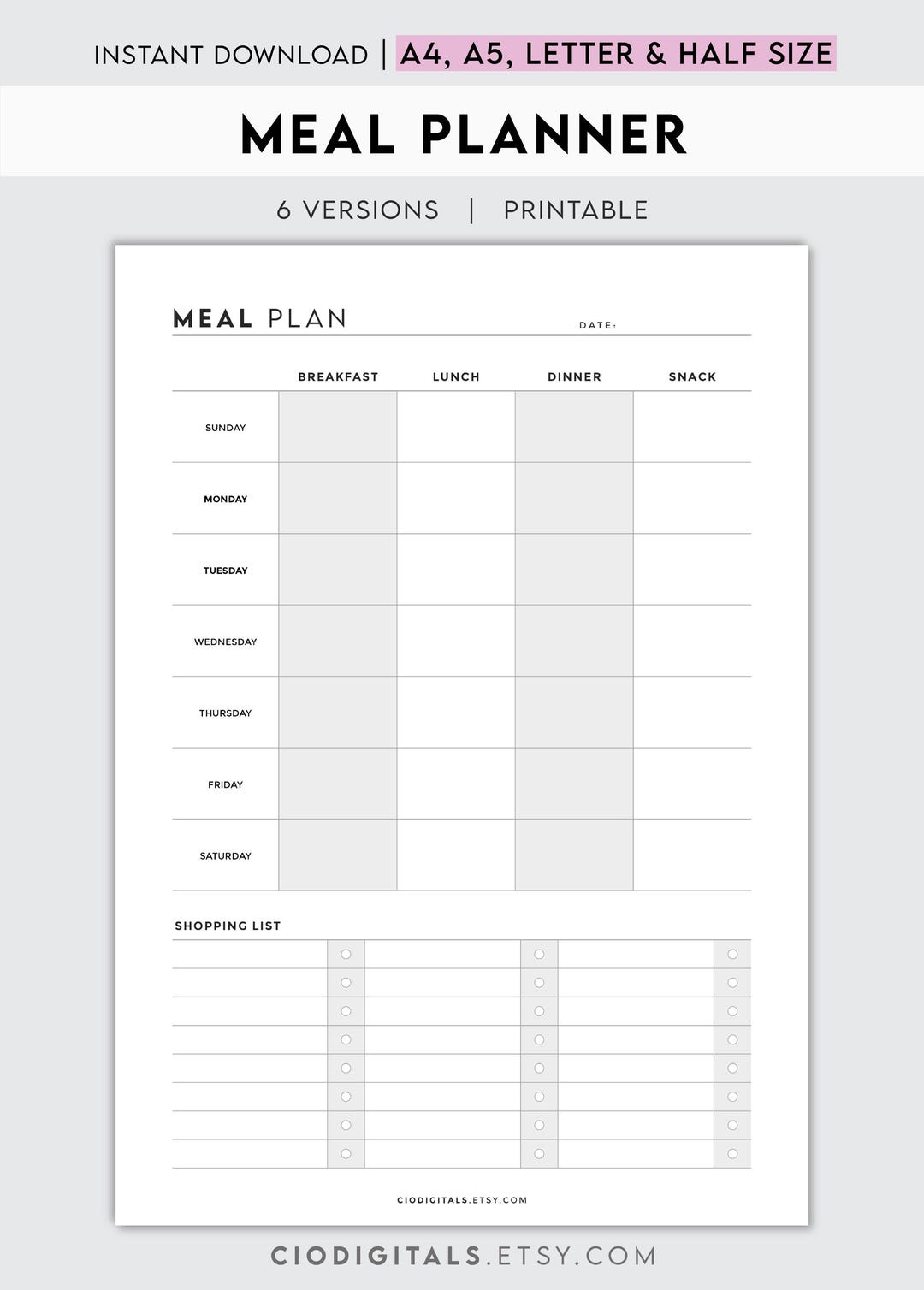Weekly Meal Planner Printable Healthy Eating Grocery List Organizer ...