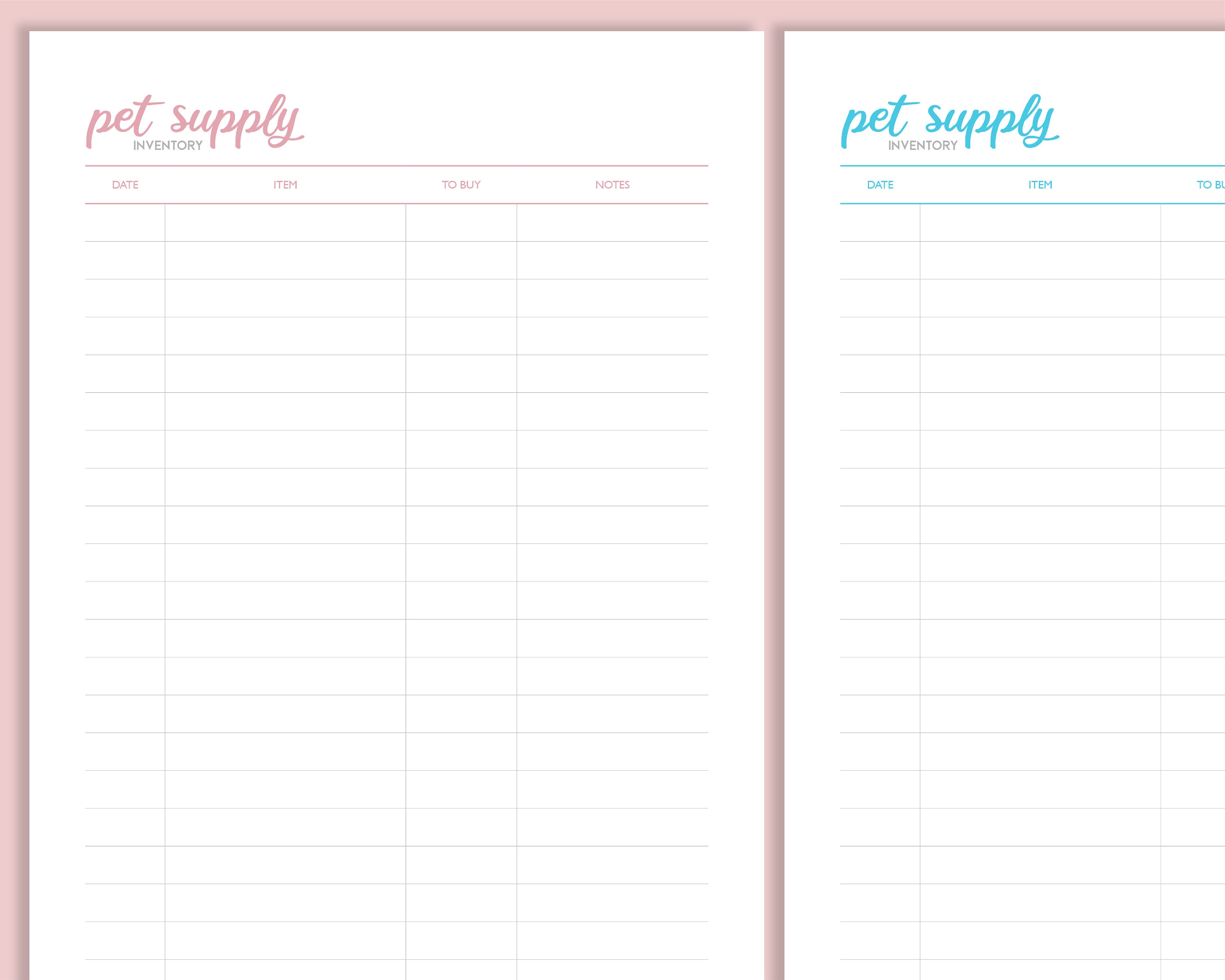 Pet Supply Inventory, Organize Template, Printable Template, Supply ...