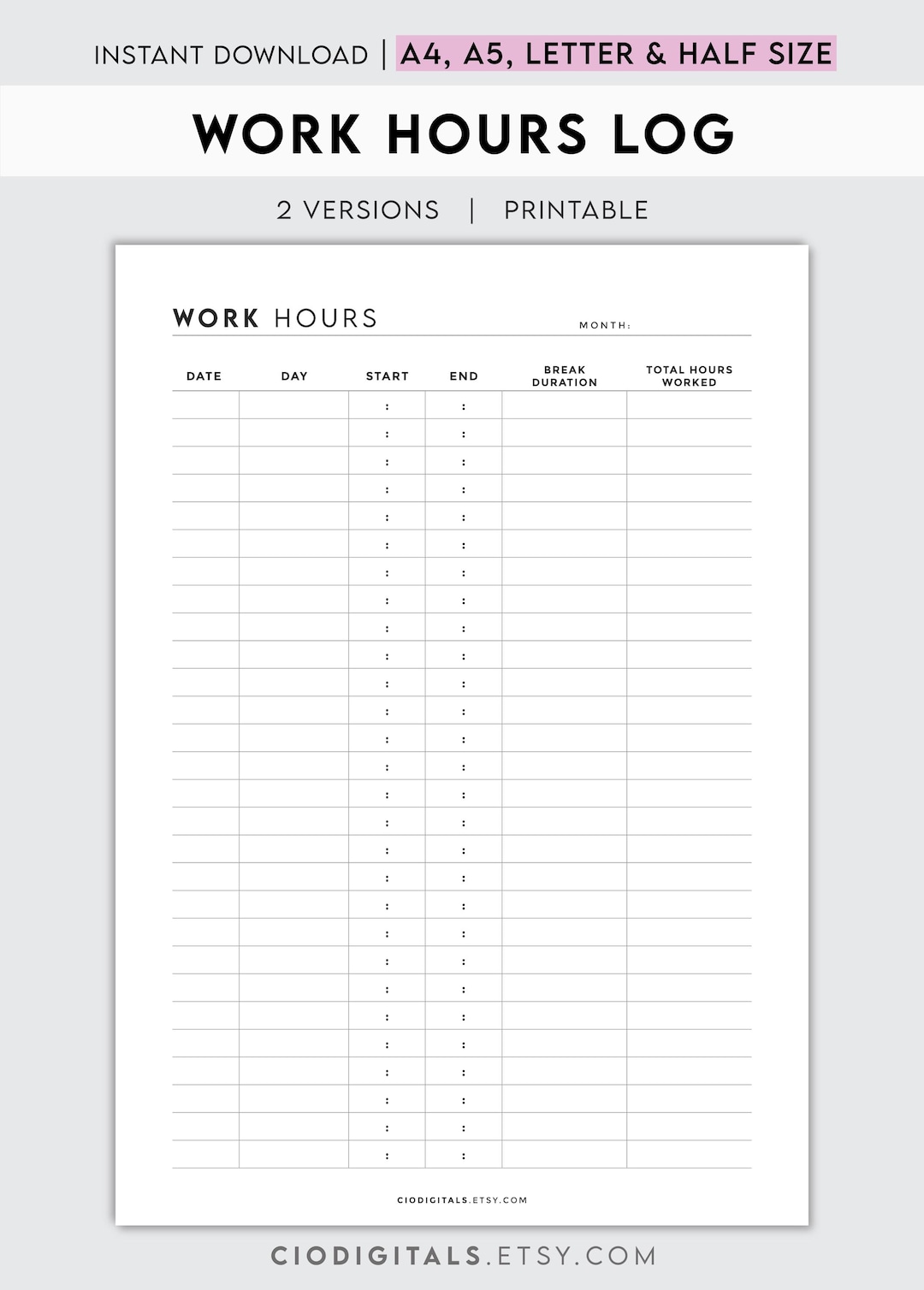 Work Hours Log and Time Tracking Sheet | Printable Work Schedule ...