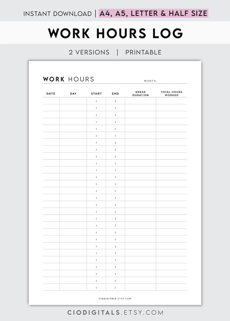Printable Work Hours Log | Employee Time Tracker (digital Download) - Etsy