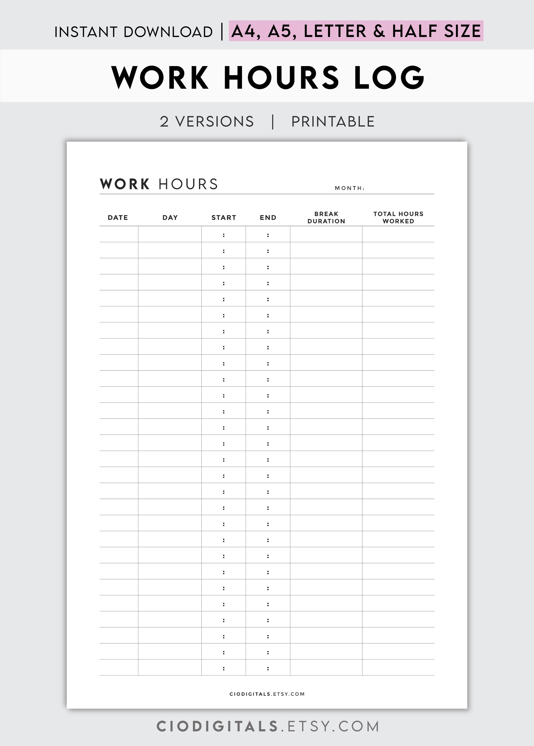 Printable Work Hours Log | Employee Time Tracker (digital Download) - Etsy